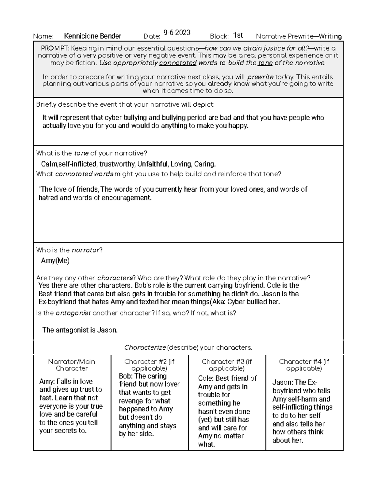 Day 10 . 23-24 . narrative prewrite - Name: Date: Block: Narrative ...