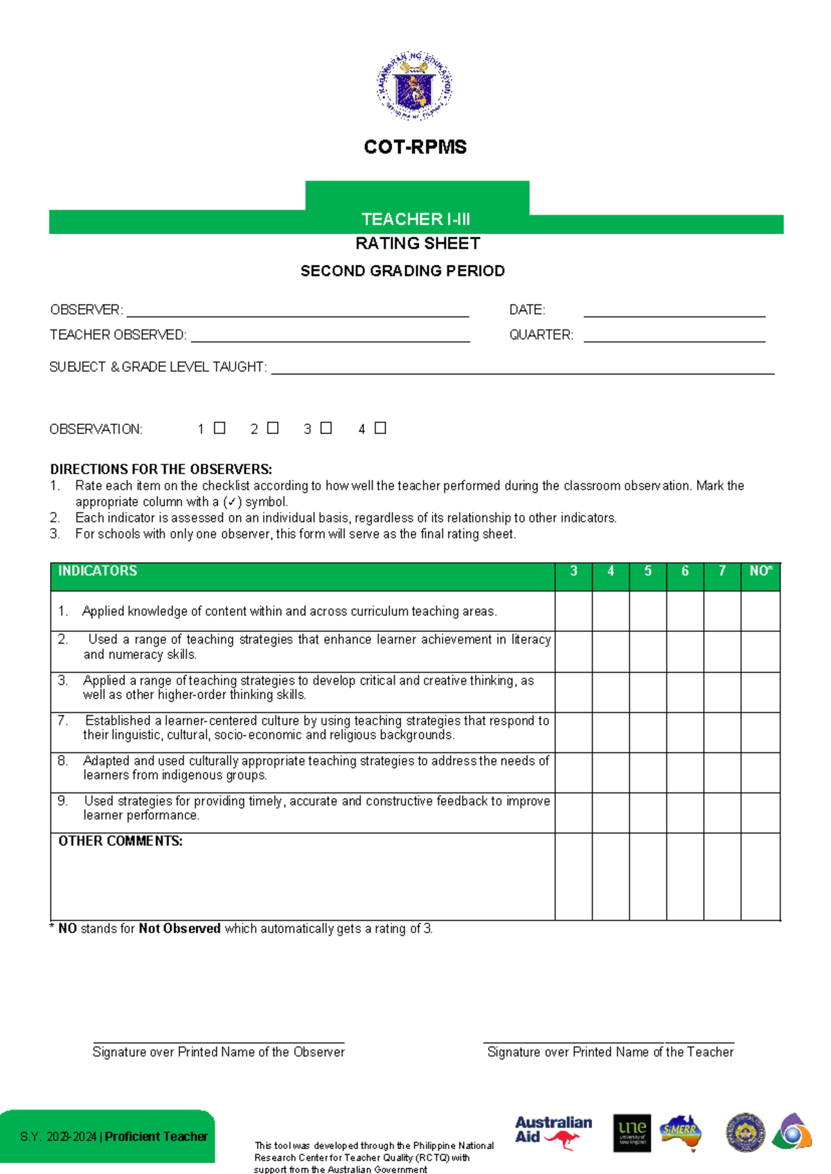 Q2 COT Rating Sheet TI-TIII - COT-RPMS TEACHER I-III RATING SHEET ...
