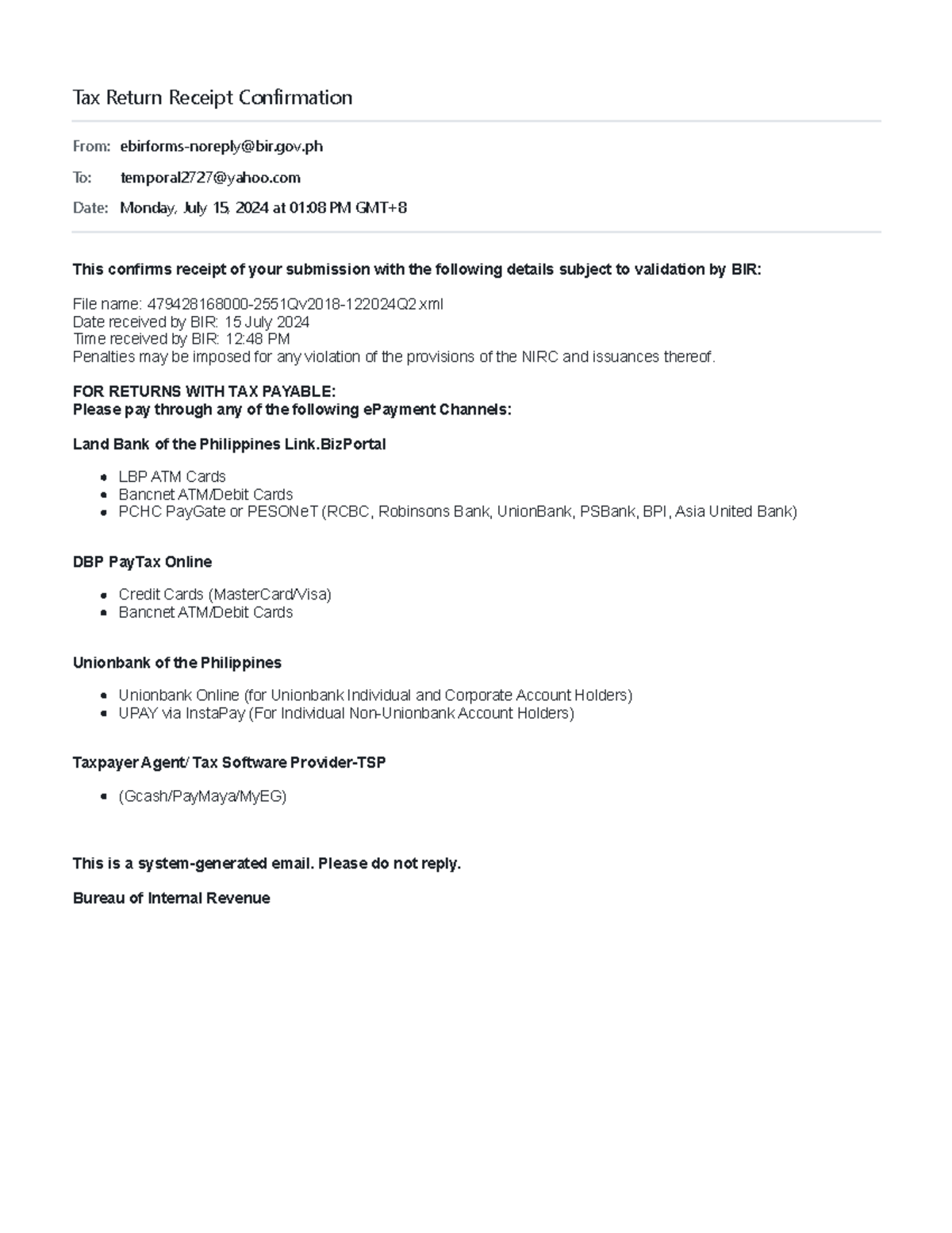 Second quarter- Tax Return Receipt Confirmation - Tax Return Receipt ...