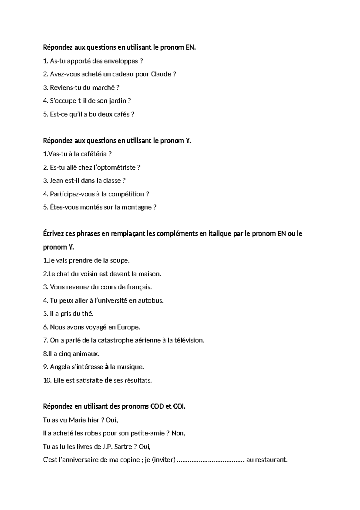 En y coi cod devoir - francuski - Répondez aux questions en utilisant ...