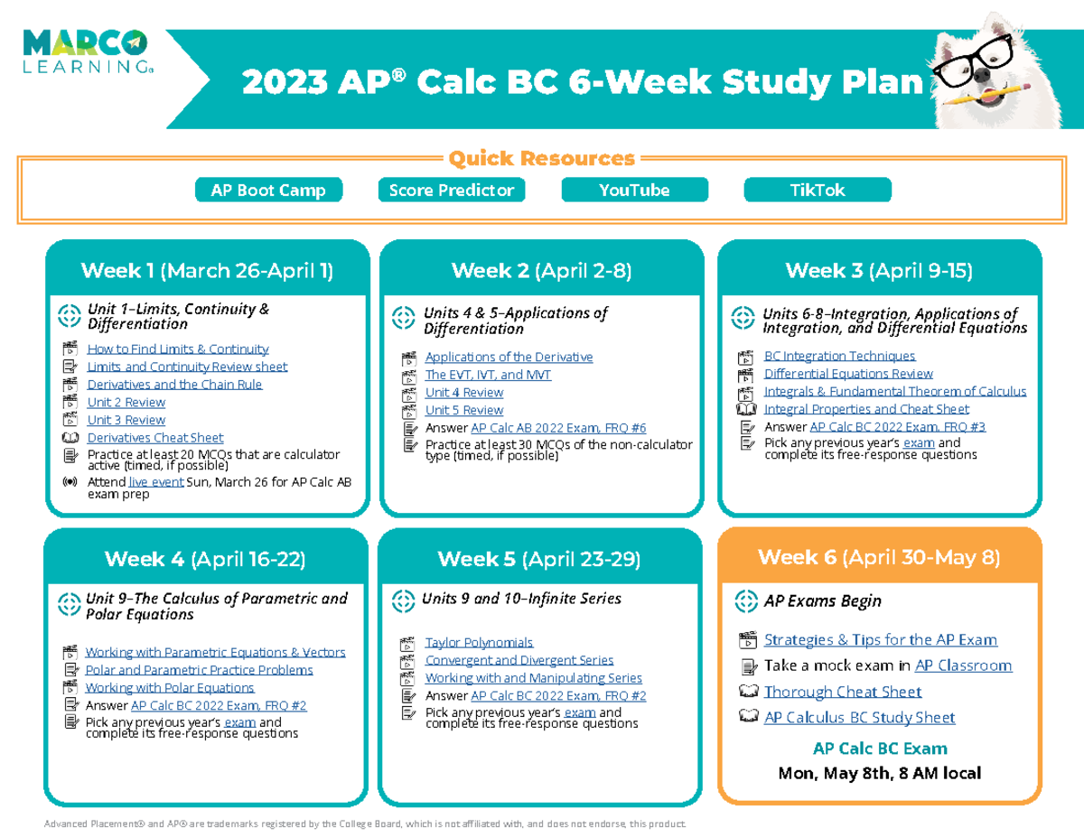 2023 AP Calc BC 6 week study plan 1 - Week 1 (March 26-April 1) Unit 1 ...