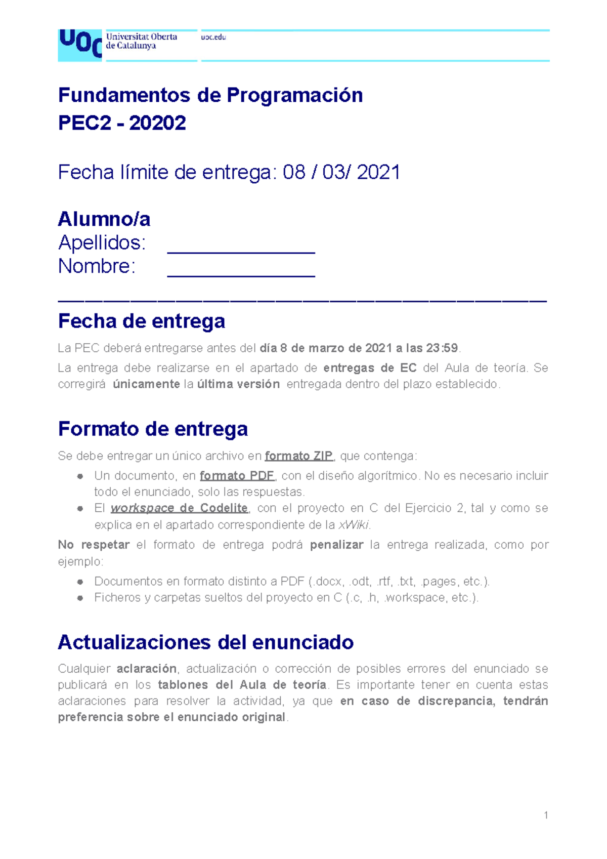 Pec2 2020 enunciado - pec2 pac2 - Fundamentos de Programación PEC2 - 20202 Fecha límite de ...