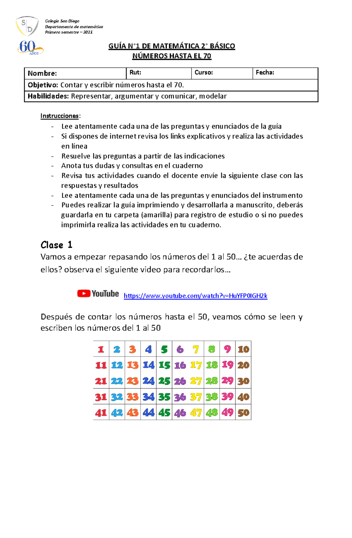 GUÍA N°1 MAT 2° PDF - Guia de matematica - GUÕA N∞1 DE MATEM¡TICA 2∞ B¡SICO N⁄MEROS HASTA EL 70 ...