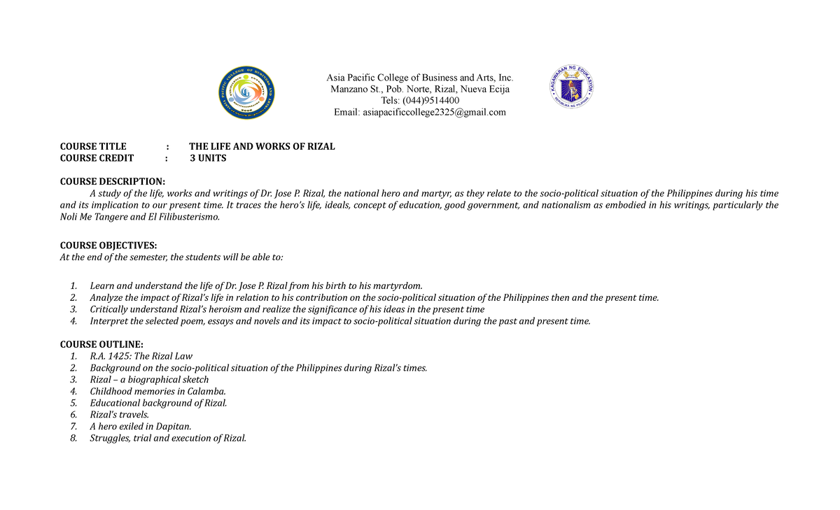 Course Syllabus (LIFE AND Works OF Rizal) - Asia Pacific College of ...