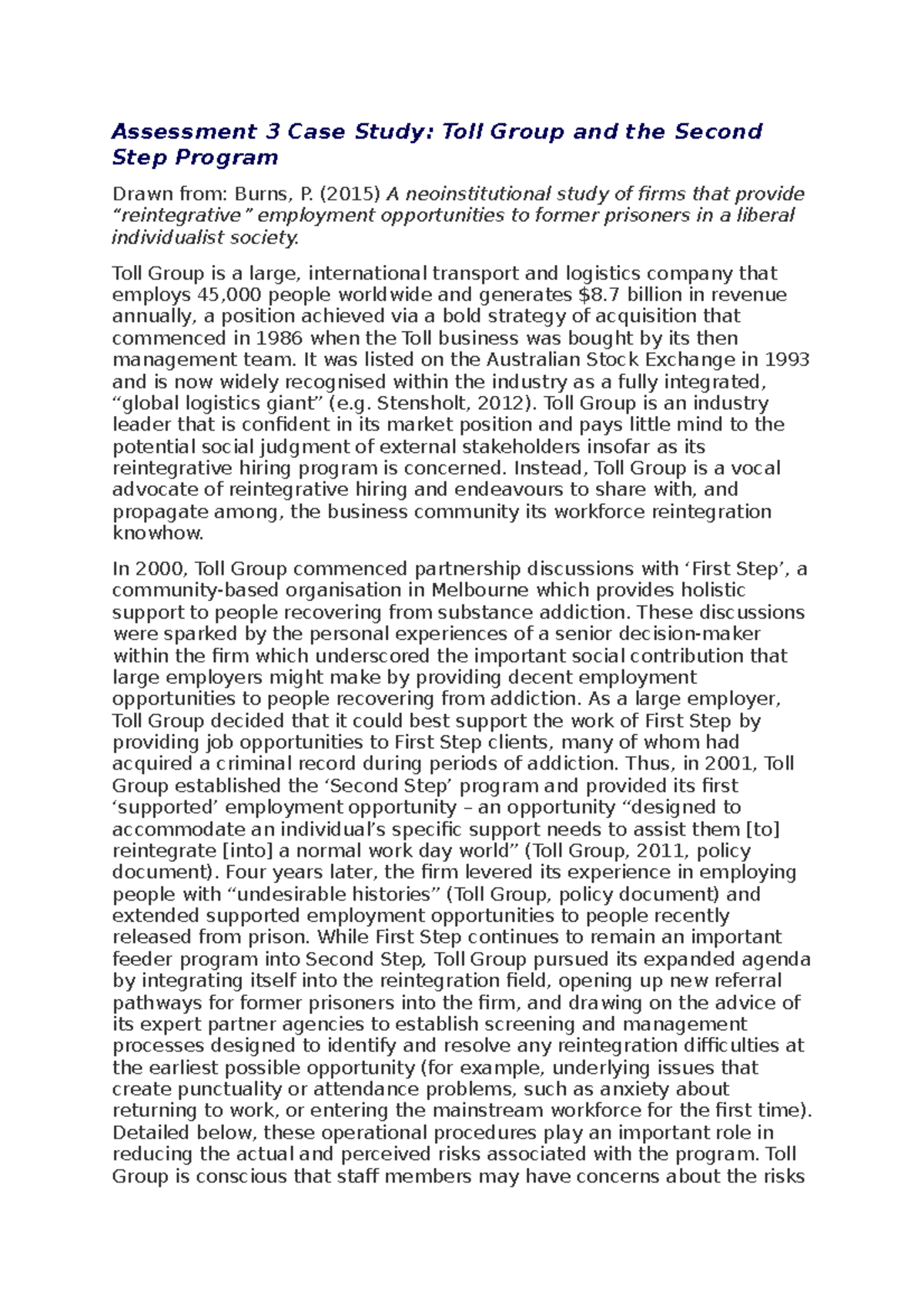 Organisations Assessment 3 Case Study - Assessment 3 Case Study: Toll ...