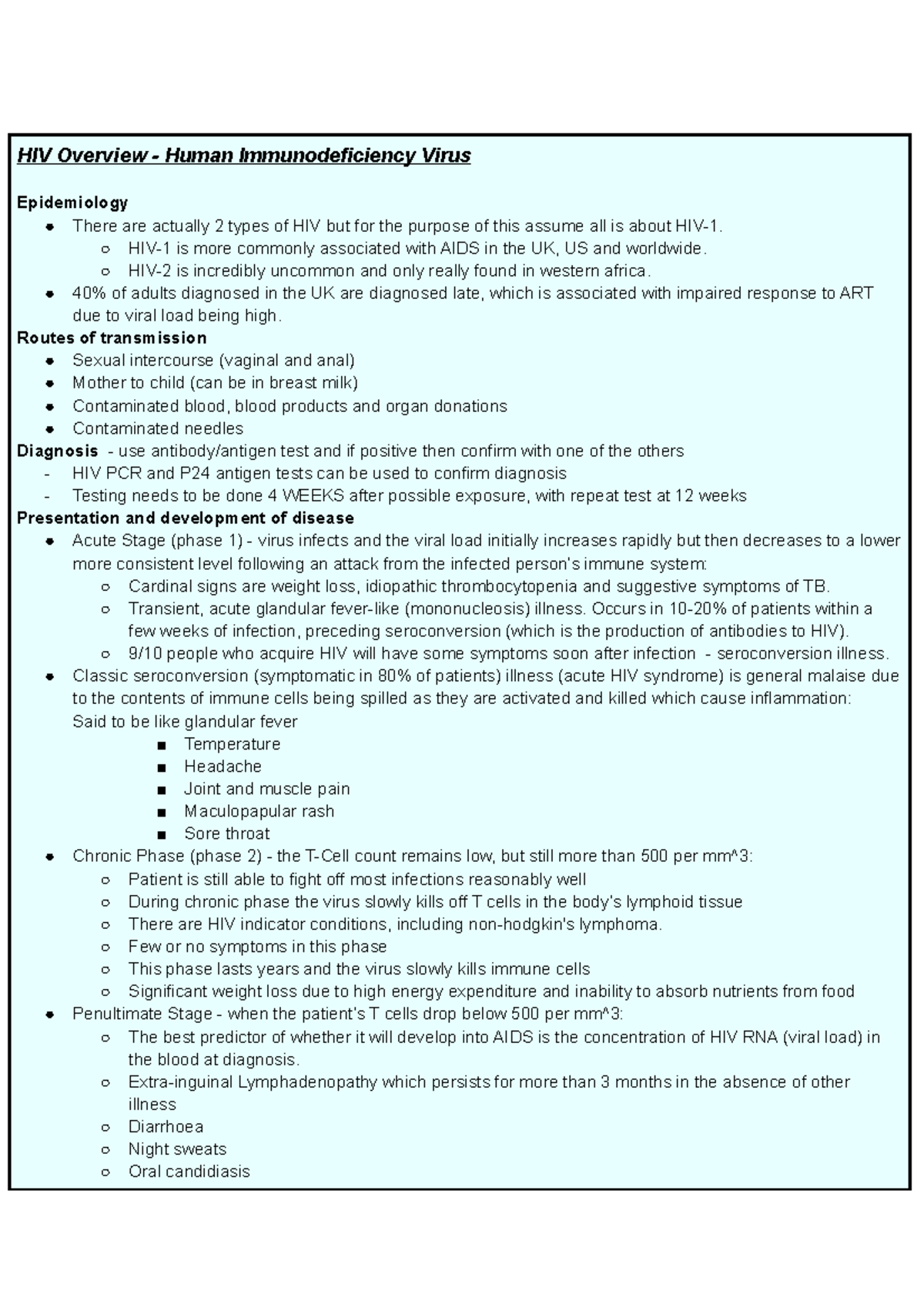 HIV - Lecture notes Year 4 Sexual Health - HIV Overview - Human ...