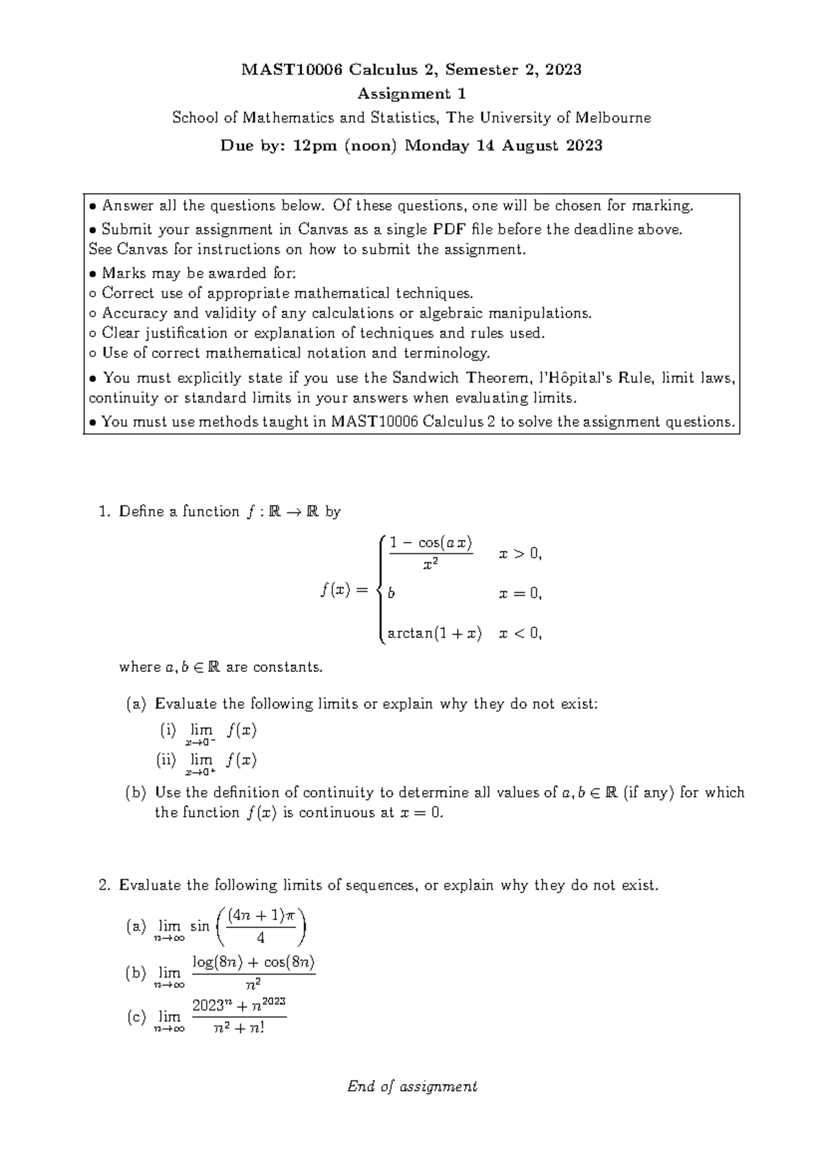 Assignment 1 MAST10006 2023s2-1 - MAST10006 Calculus 2, Semester 2 ...