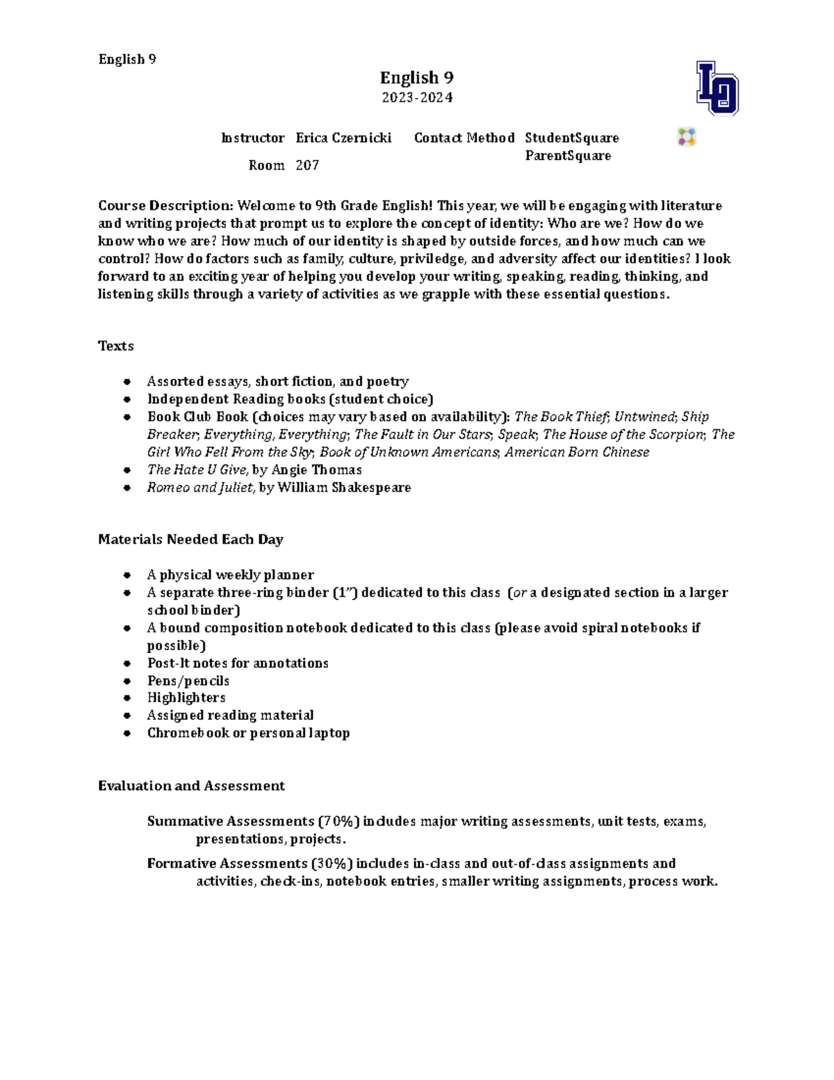 English 9, Syllabus - adds - English 9 English 9 2023- Instructor Erica ...