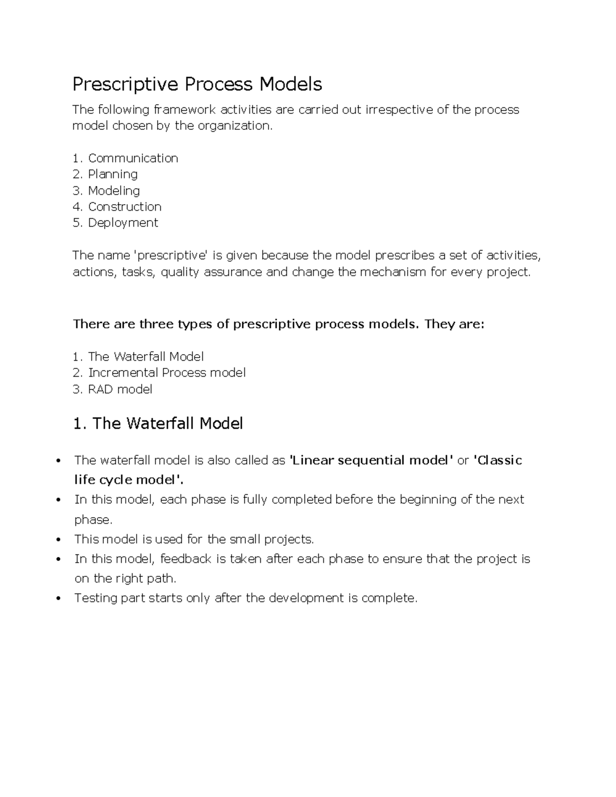 Se unit 1 - Prescriptive Process Models ####### The following framework ...