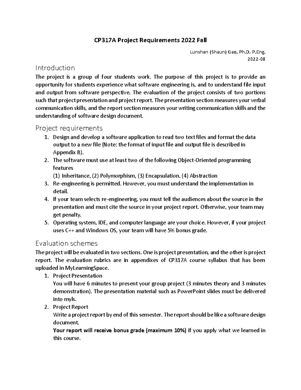 CP317A Project Requirements 2022Fall - CP317A Project Requirements 2022 ...