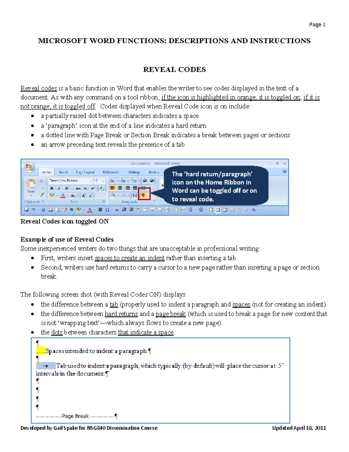 Basic-word-instructions - MICROSOFT WORD FUNCTIONS: DESCRIPTIONS AND INSTRUCTIONS REVEAL CODES ...