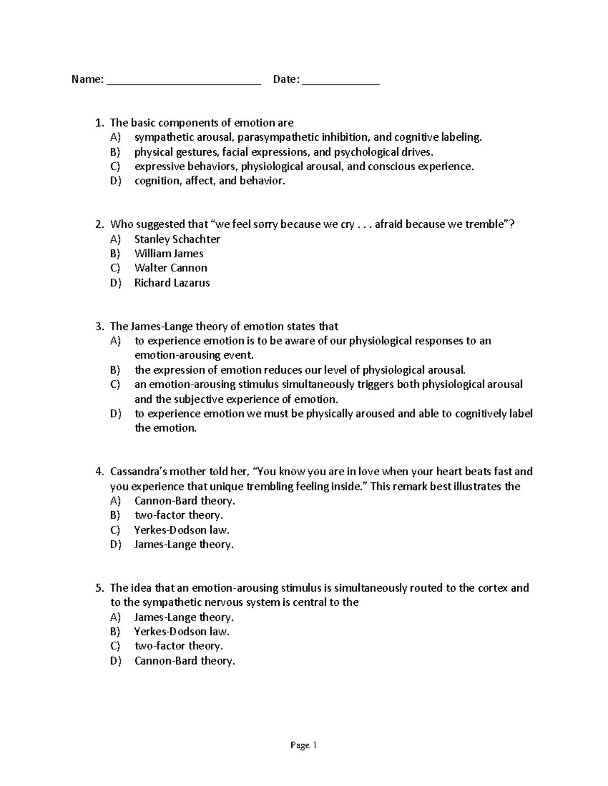 PSYCH 1010 Sample exam questions and answers - Name: Date: 1. The basic ...