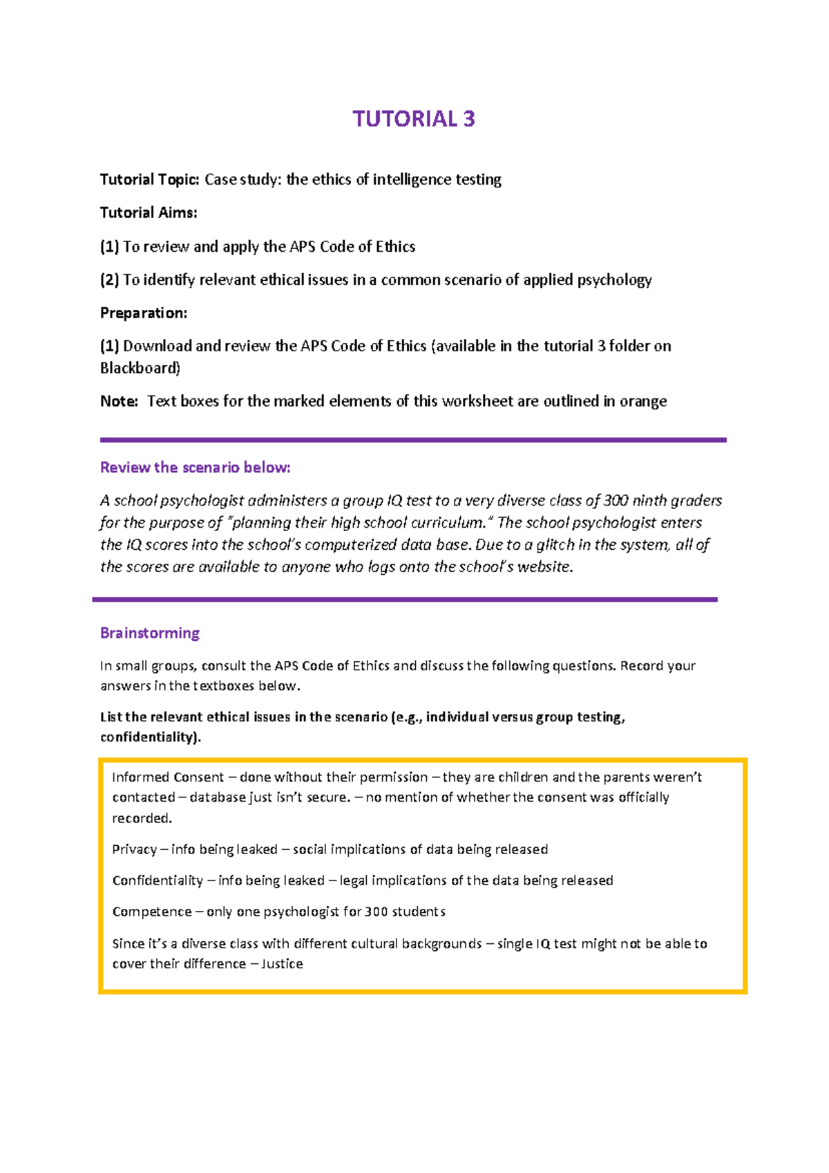 PSYC3034 Tutorial Workbook tutorial 3 2024 - TUTORIAL 3 Tutorial Topic: Case study: the ethics ...