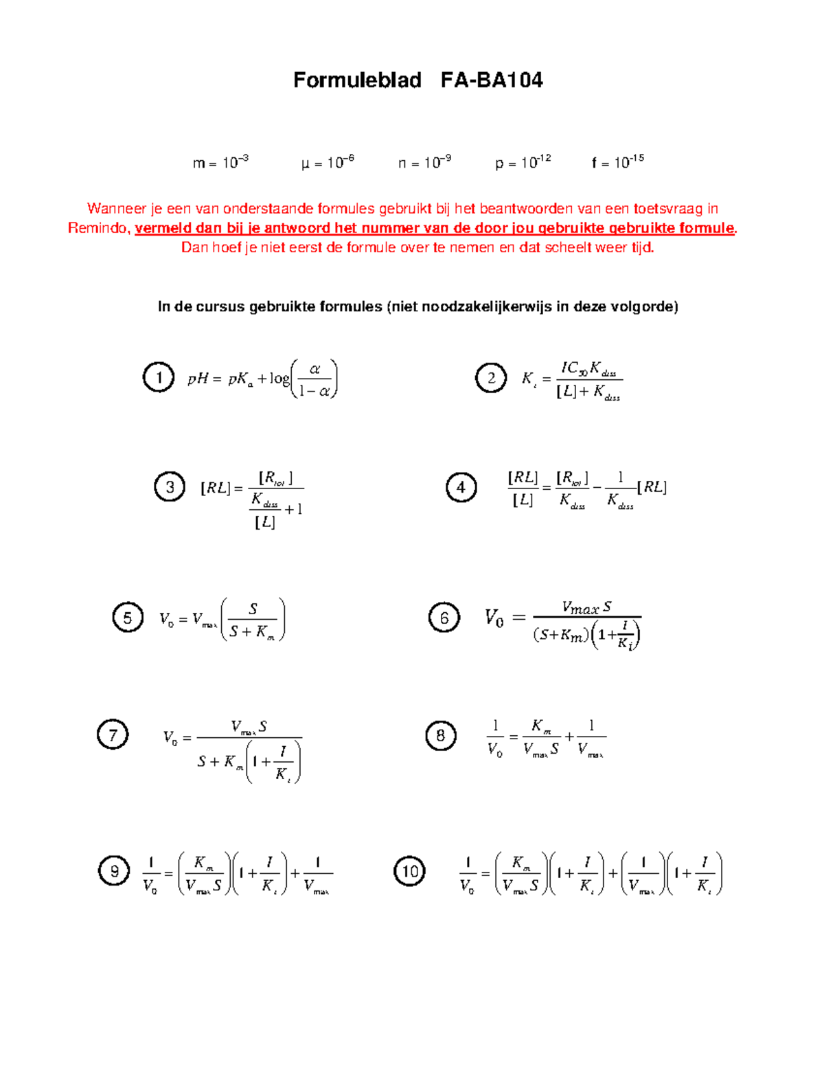 Formuleblad Werking van geneesmiddelen - Formuleblad FA-BA m = 10–3 μ ...