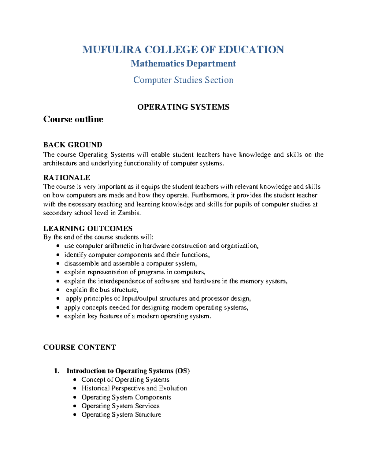 OS course outline-1 - Computer operating systems - MUFULIRA COLLEGE OF ... OS course outline-1 - Computer operating systems - MUFULIRA COLLEGE OF ...