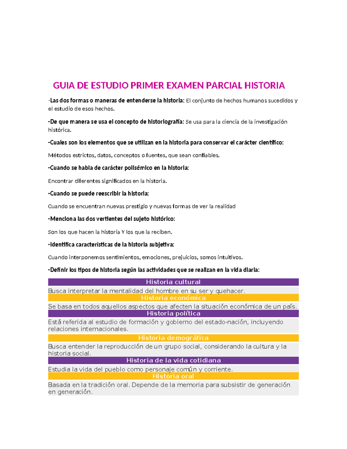 GUIA DE Estudio Primer Examen Parcial Historia - GUIA DE ESTUDIO PRIMER EXAMEN PARCIAL HISTORIA ...