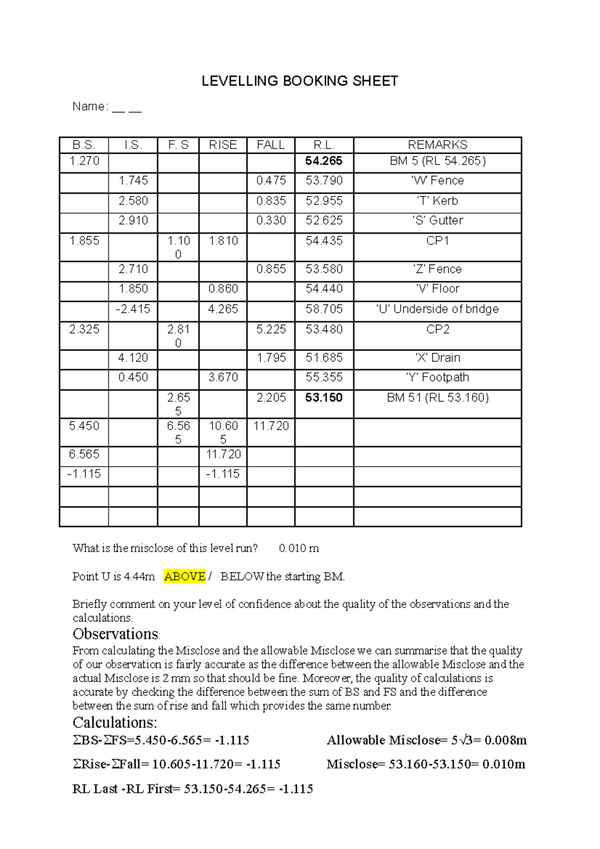Levelling Assignment - LEVELLING BOOKING SHEET Name: __ __ B. I. F. S ...