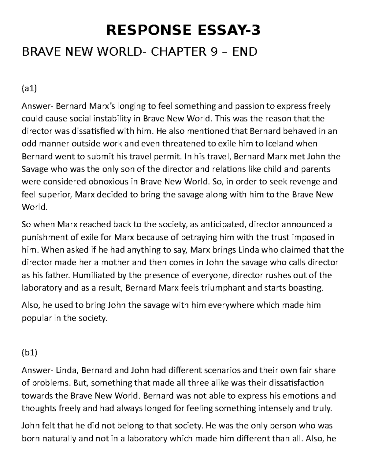 Manchanda Pranjal Responseessay 3 - RESPONSE ESSAY- BRAVE NEW WORLD ...