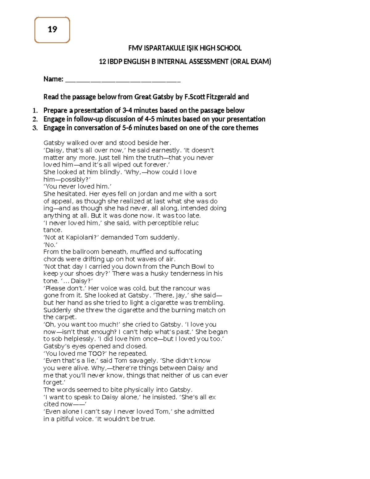 2023-24 Oral Exam Extract 19 Great Gatsby - FMV ISPARTAKULE IŞIK HIGH ...