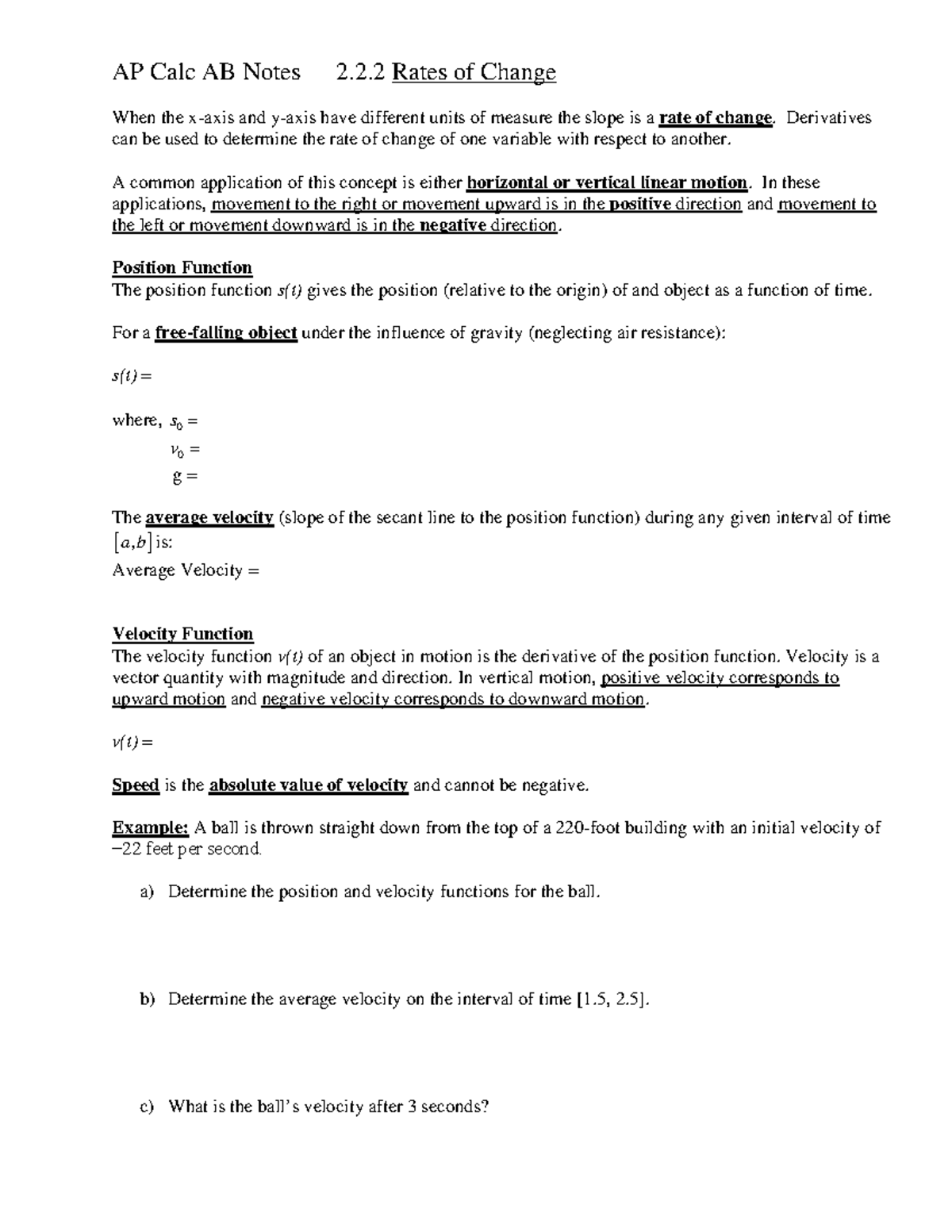 2.2.2 Notes Rates of Change - AP Calc AB Notes 2. 2 .2 Rates of Change ...