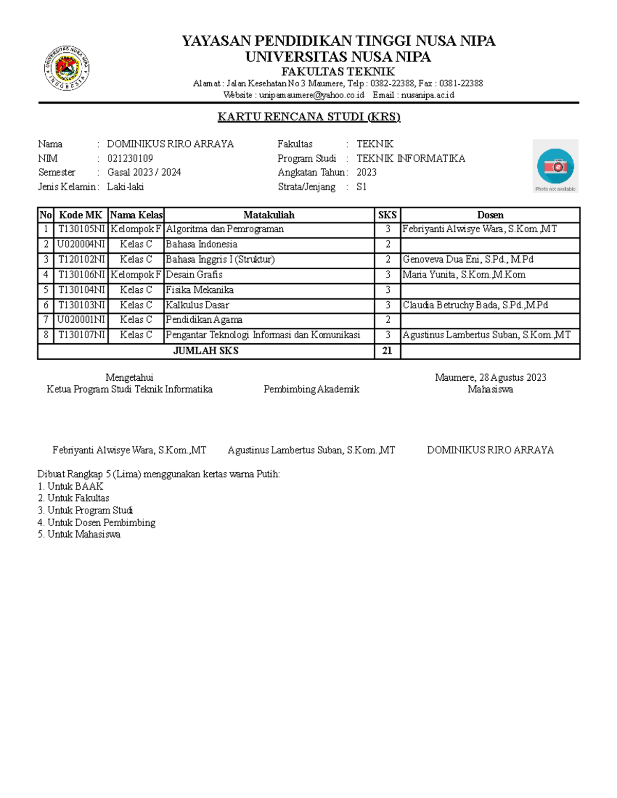 Cetak Kartu Rencana Studi - YAYASAN PENDIDIKAN TINGGI NUSA NIPA UNIVERSITAS NUSA NIPA FAKULTAS ...