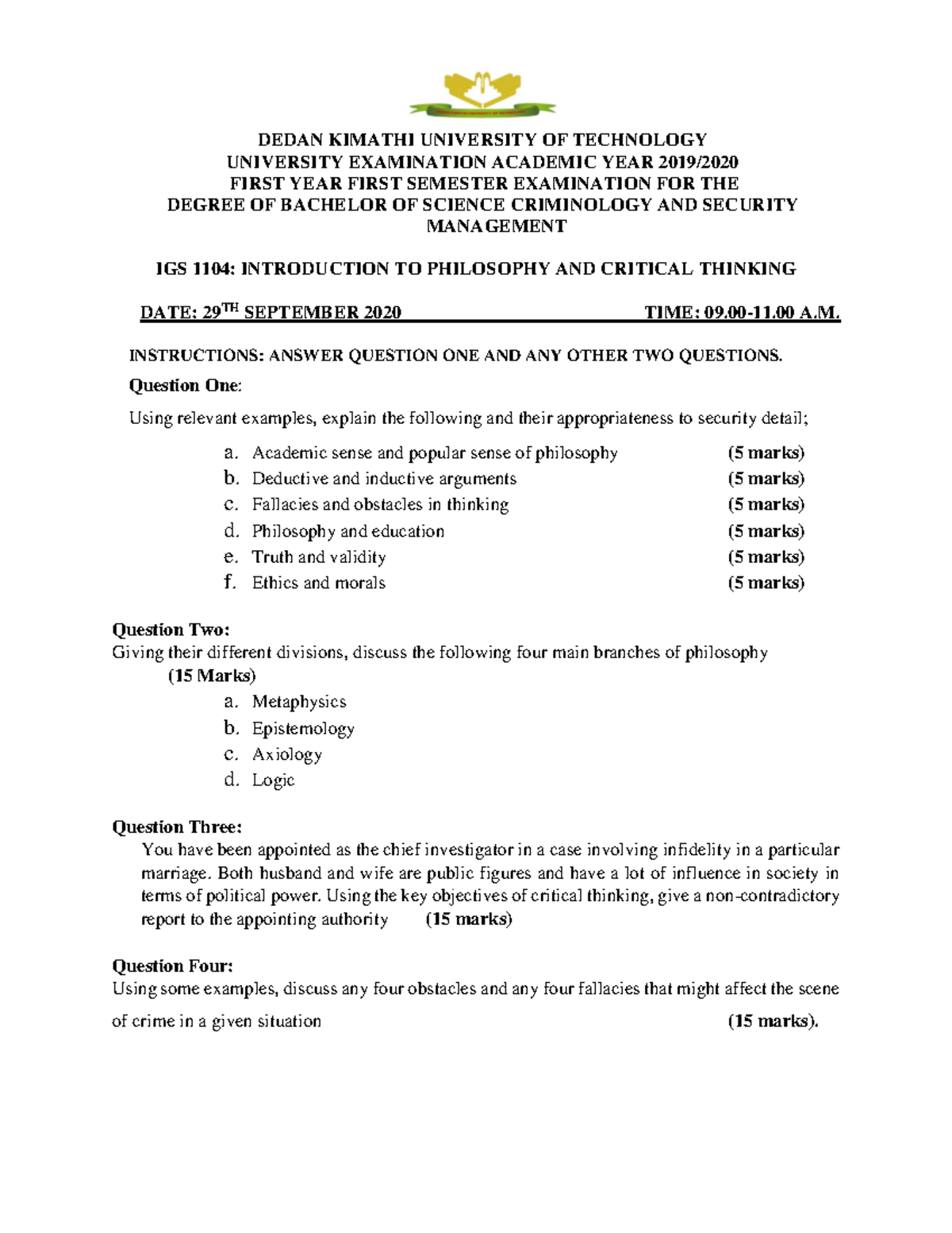 IGS 1104 Introduction TO Philosophy AND Critical Thinking Print - DEDAN KIMATHI UNIVERSITY OF ...