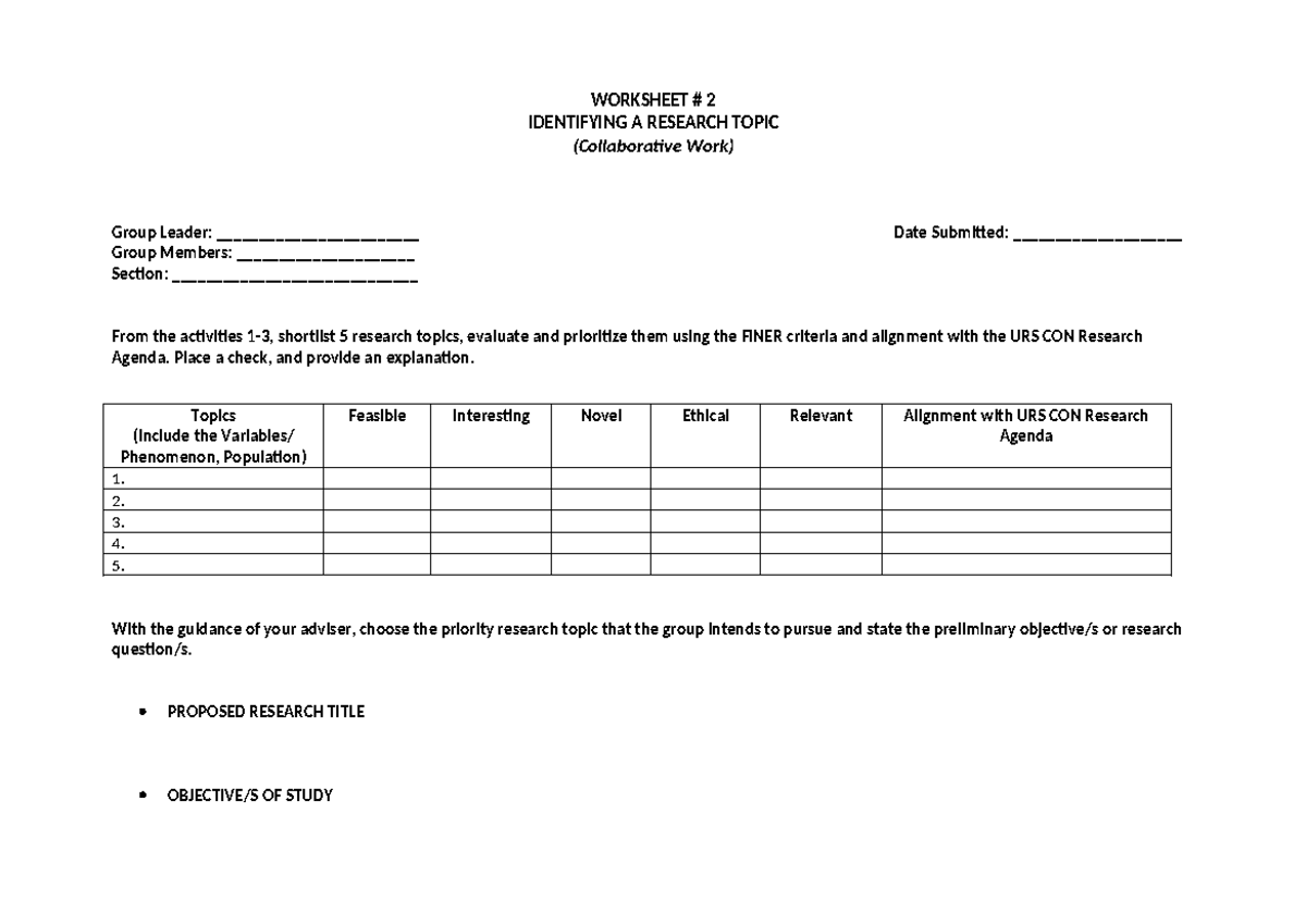 Worksheet-Research-Topic - WORKSHEET # 2 IDENTIFYING A RESEARCH TOPIC ...