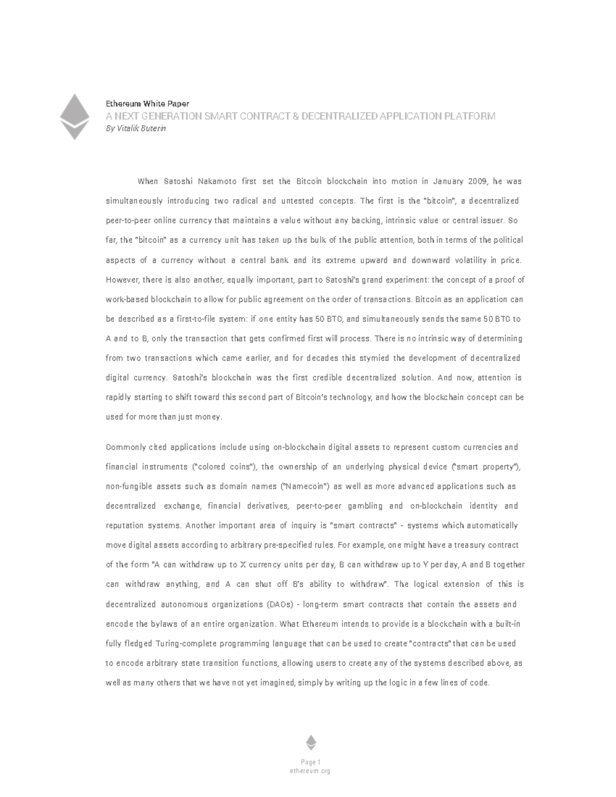 Ethereum white paper - Ethereum White Paper A NEXT GENERATION SMART ...