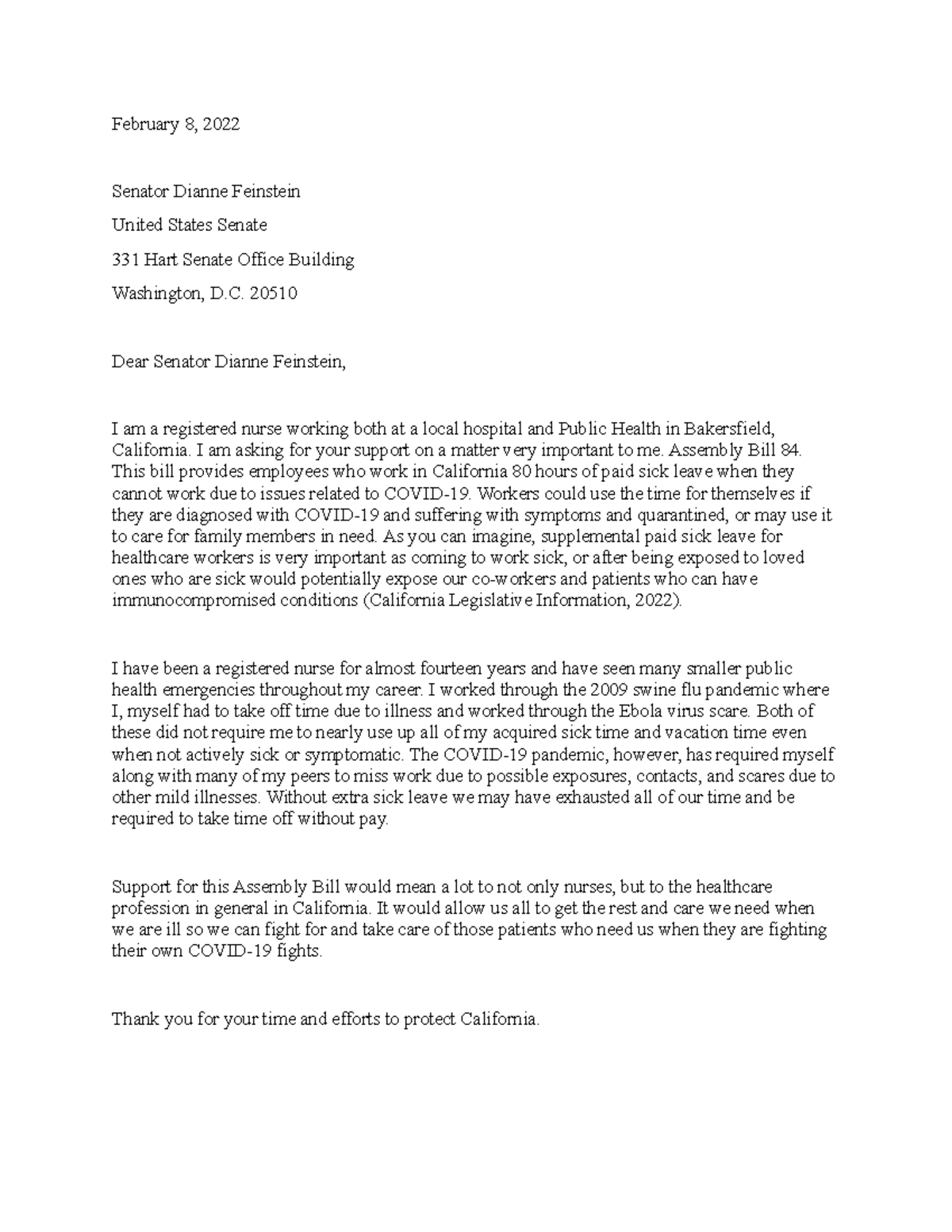 Legislative Letter 1 - February 8, 2022 Senator Dianne Feinstein United ...