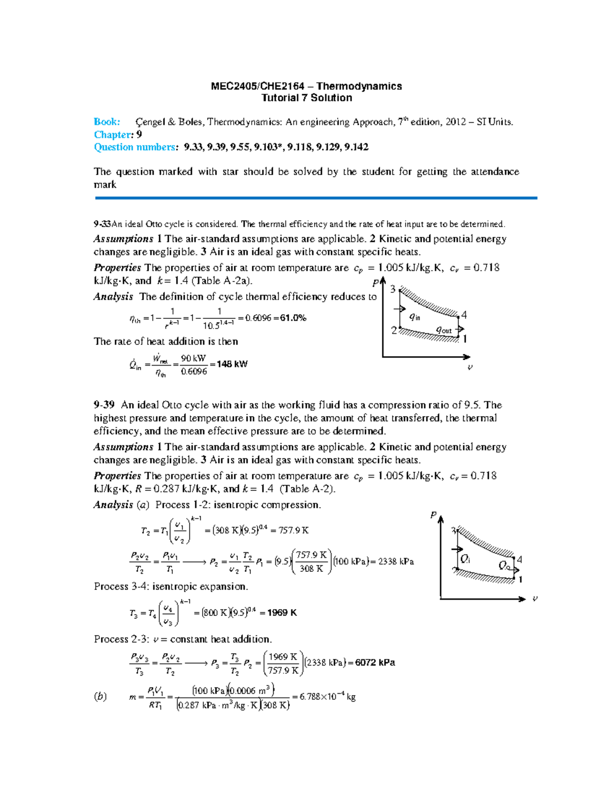 Tutorial 7-Solution - MEC2405/CHE2164 – Thermodynamics Tutorial 7 ...