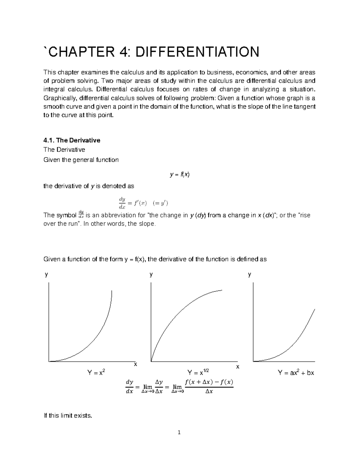 Chapter 4 - WORKING MATERIALS - `CHAPTER 4: DIFFERENTIATION This chapter examines the calculus ...