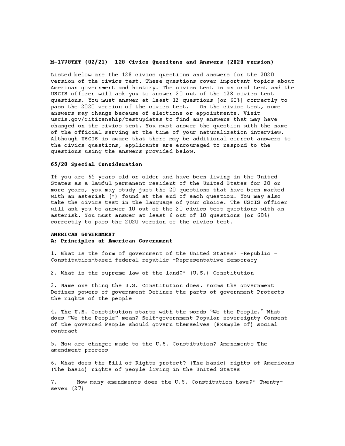 128 Civics Quesitons and Answers - These questions cover important ...