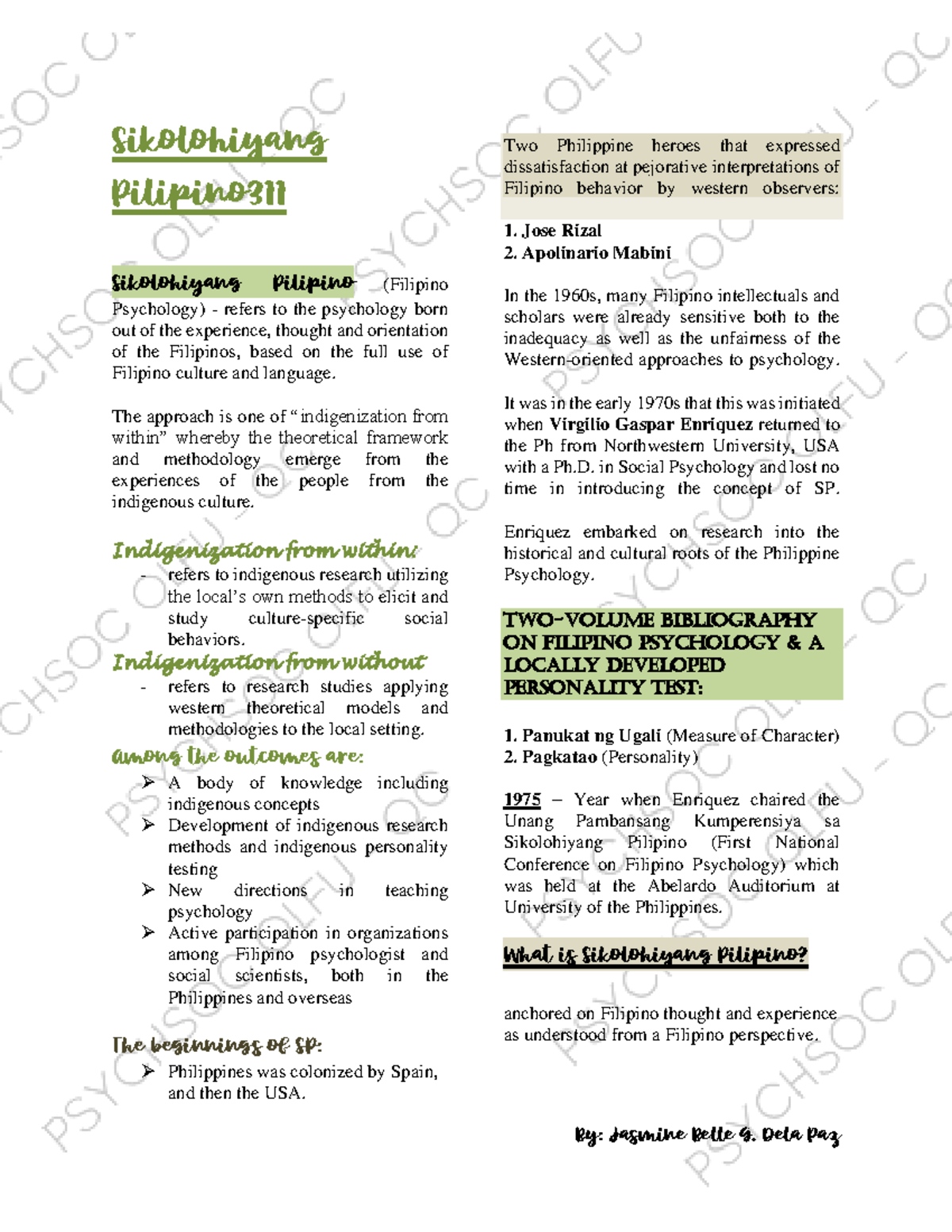 SIKP- Prelim-REV - Review - Sikolohiyang Pilipino 311 Sikolohiyang ...