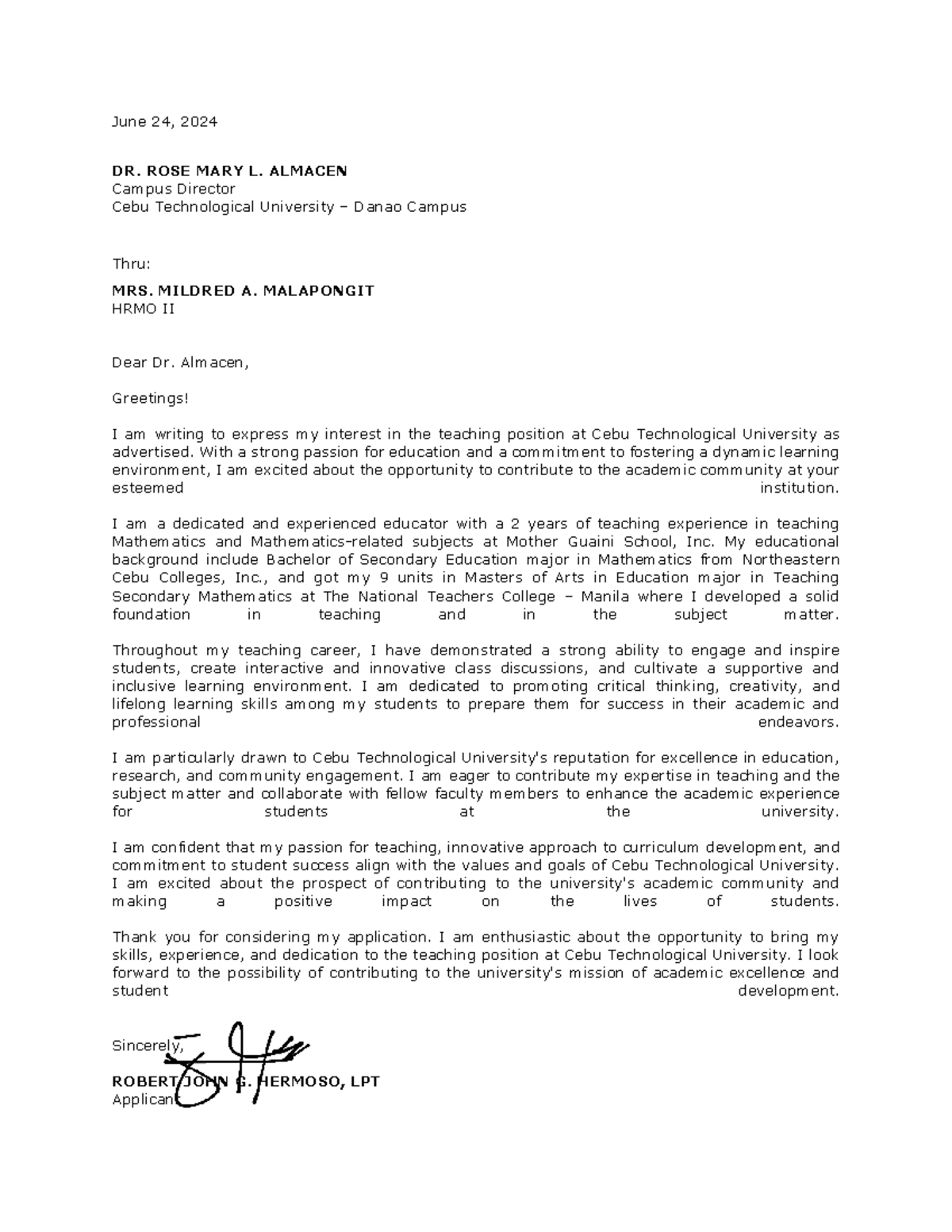 RJH Application Letter 082348 - June 24, 2024 DR. ROSE MARY L. ALMACEN ...