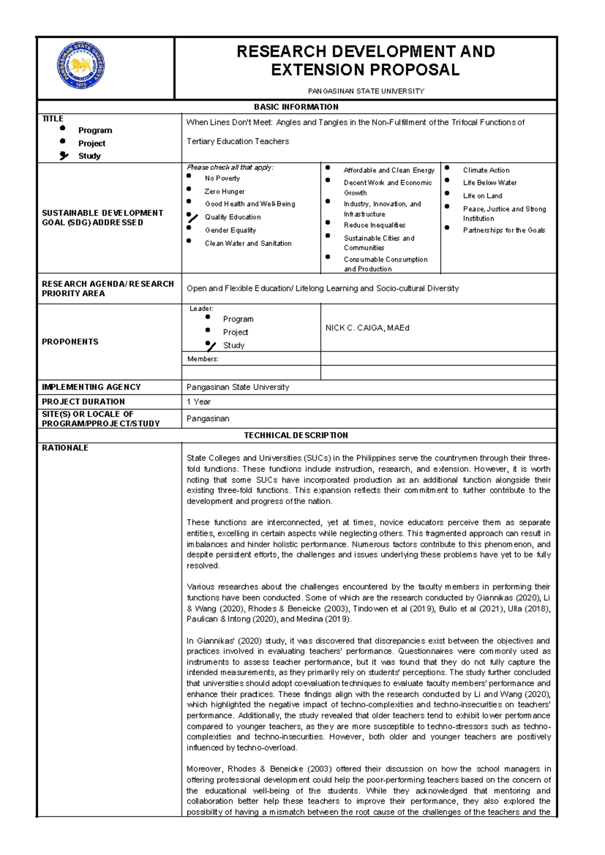 Template FOR Title Proposal - RESEARCH DEVELOPMENT AND EXTENSION ...
