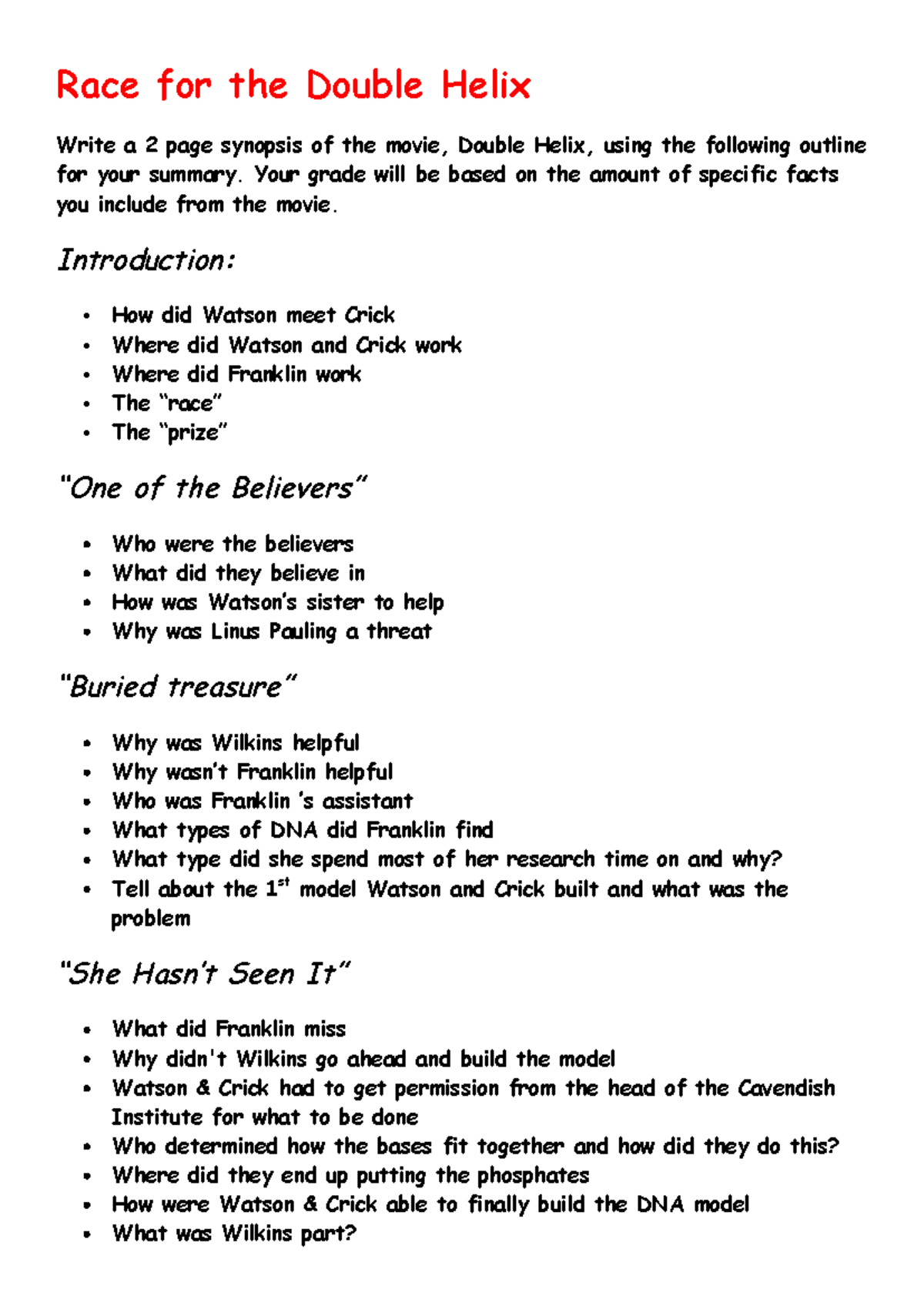 Race for the Double Helix - Race for the Double Helix Write a 2 page ...