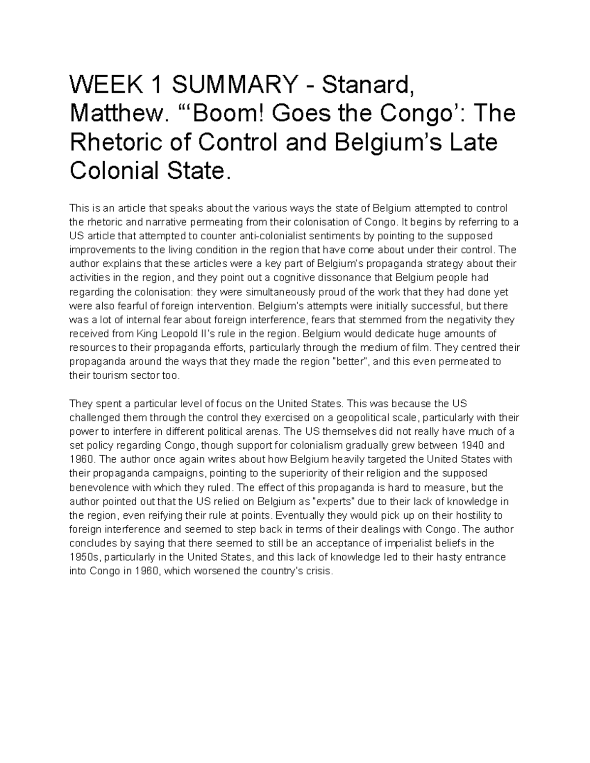 WEEK 1 Summary - Stanard, Matthew - WEEK 1 SUMMARY - Stanard, Matthew. “‘Boom! Goes the Congo ...