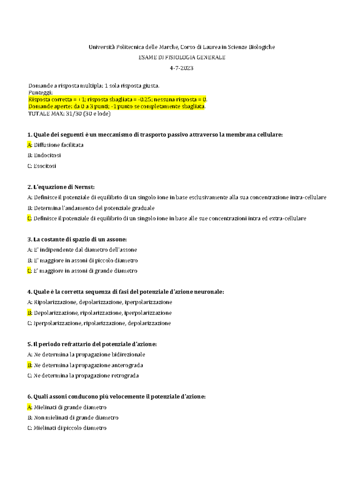 Esame-4-7 risposte fisiologia - Università Politecnica delle Marche, Corso di Laurea in Scienze ...