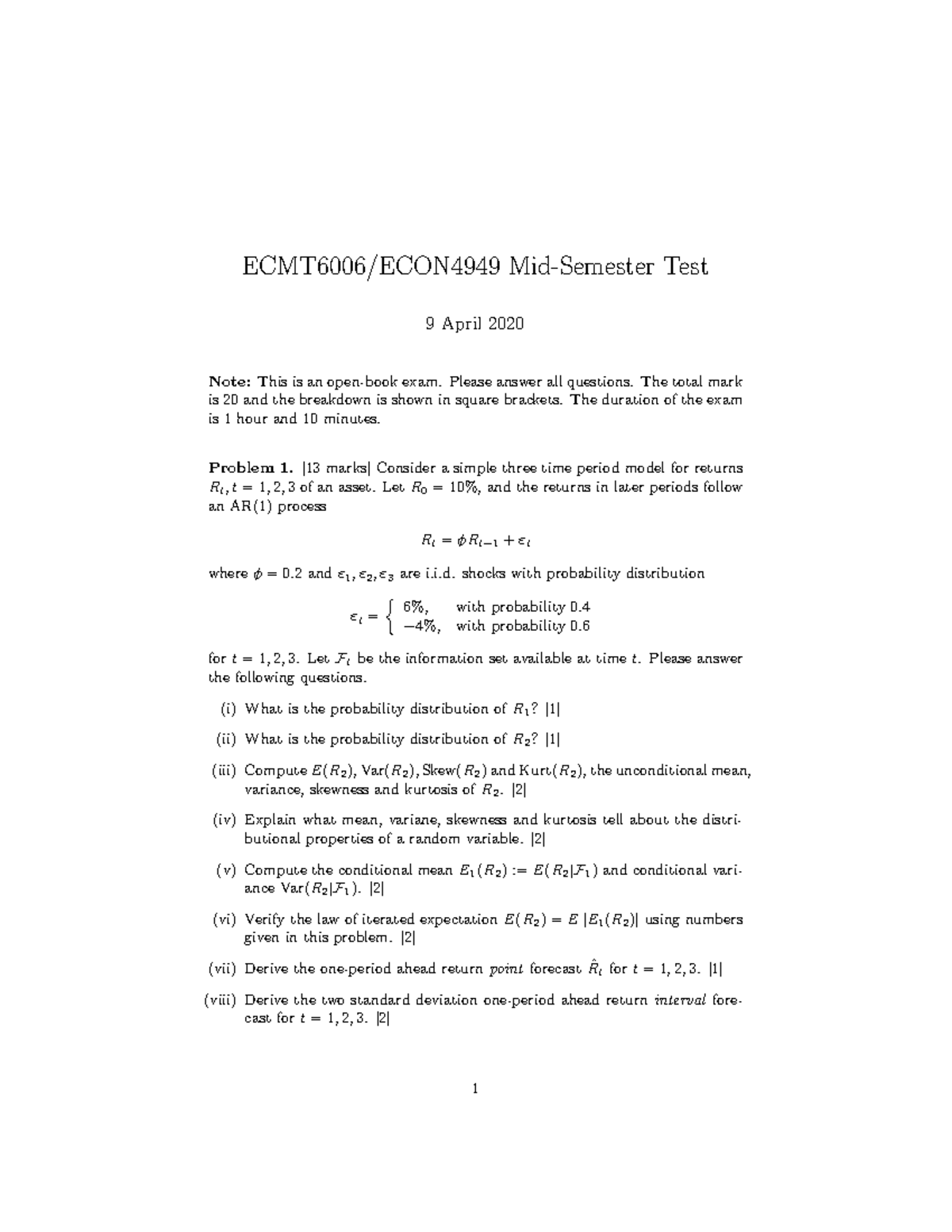 Ecmt6006 2020s1 Midterm 1 Ecmt6006 Econ4949 Mid Semester Test 9 April