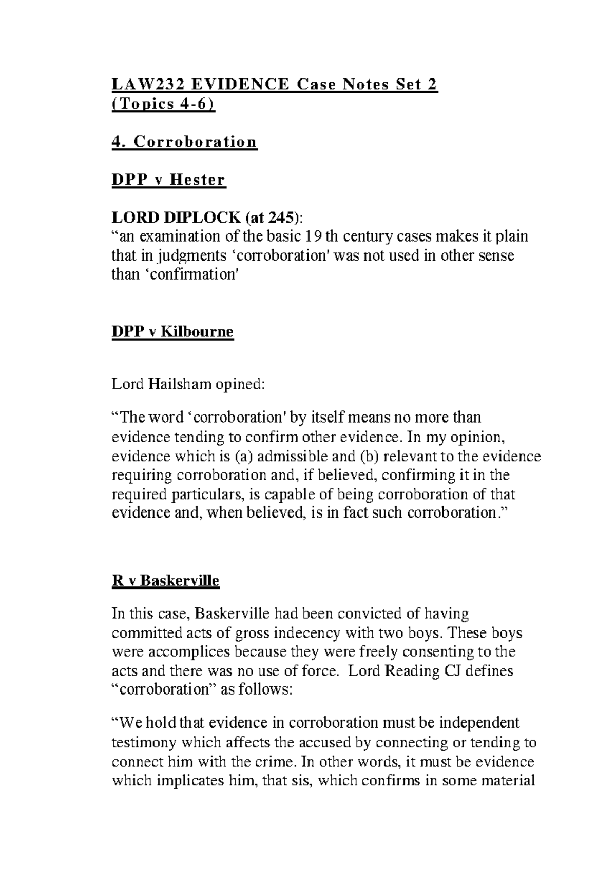 LAW232 Evidence Case Notes Set 2 (Topics 3-6) - LAW23 2 EVIDENCE Ca se ...