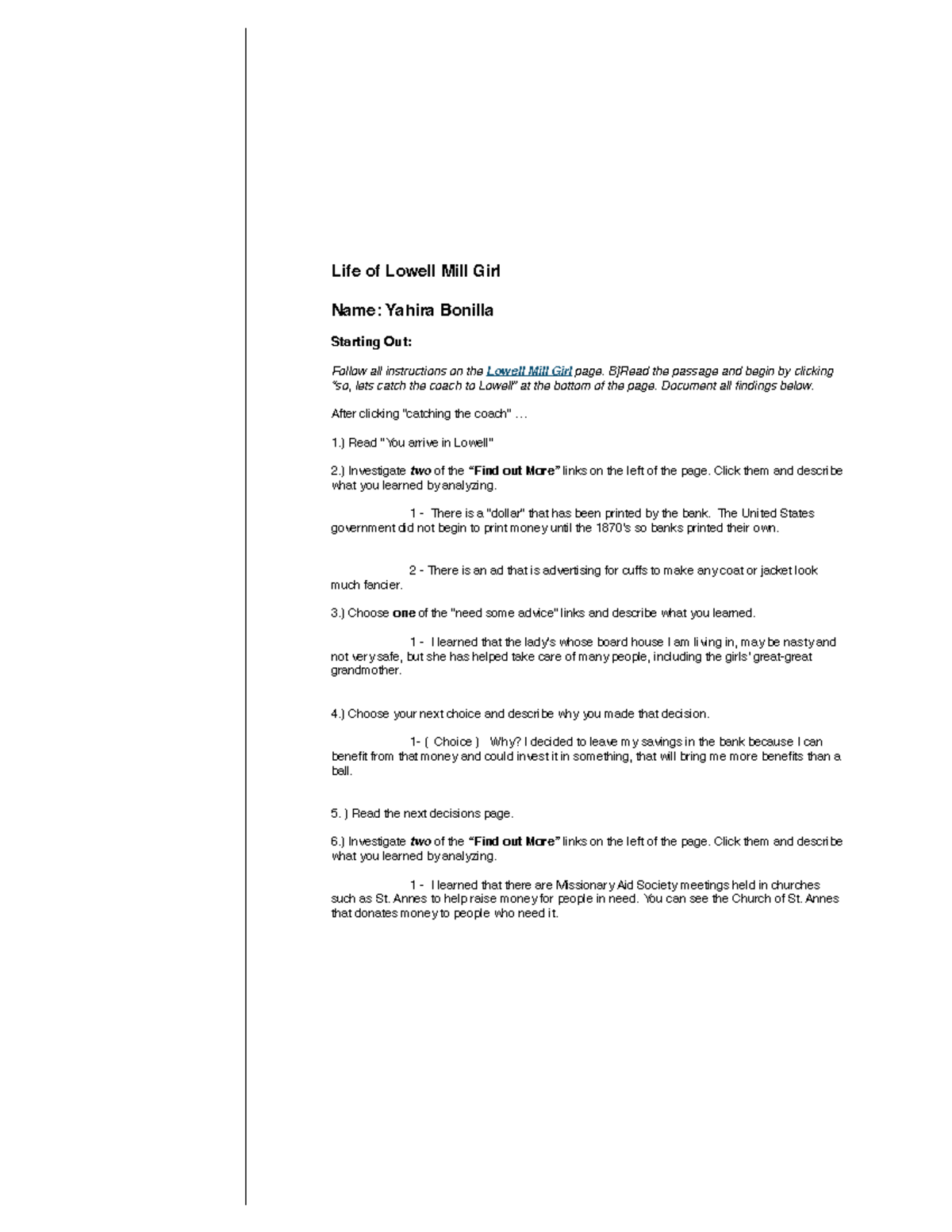 Lowell Mill Girl Worksheet - Life of Lowell Mill Girl Name: Yahira ...
