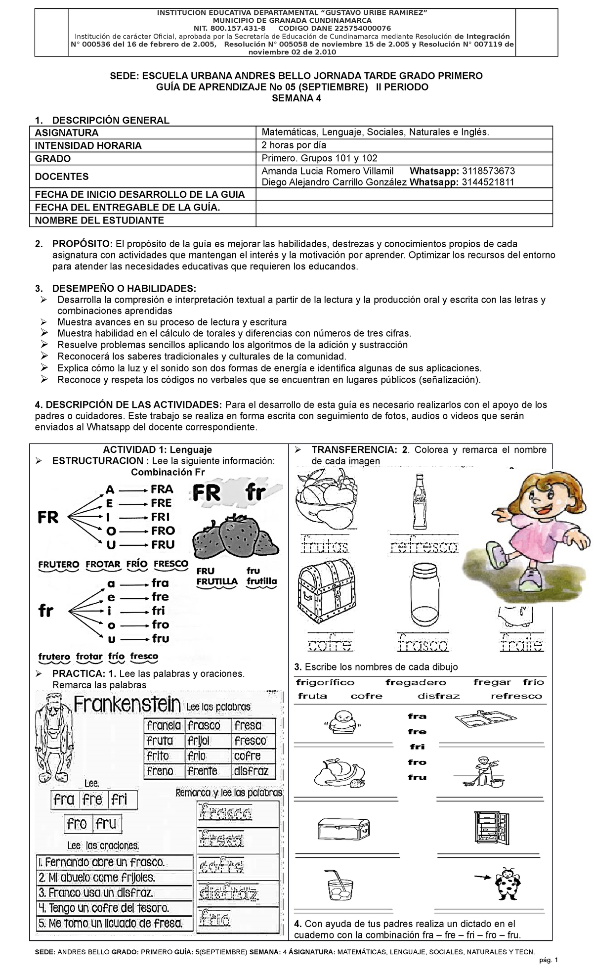 Grado Primero GUIA 5 Semana 4 Matematicas, Lenguaje, Sociales ...