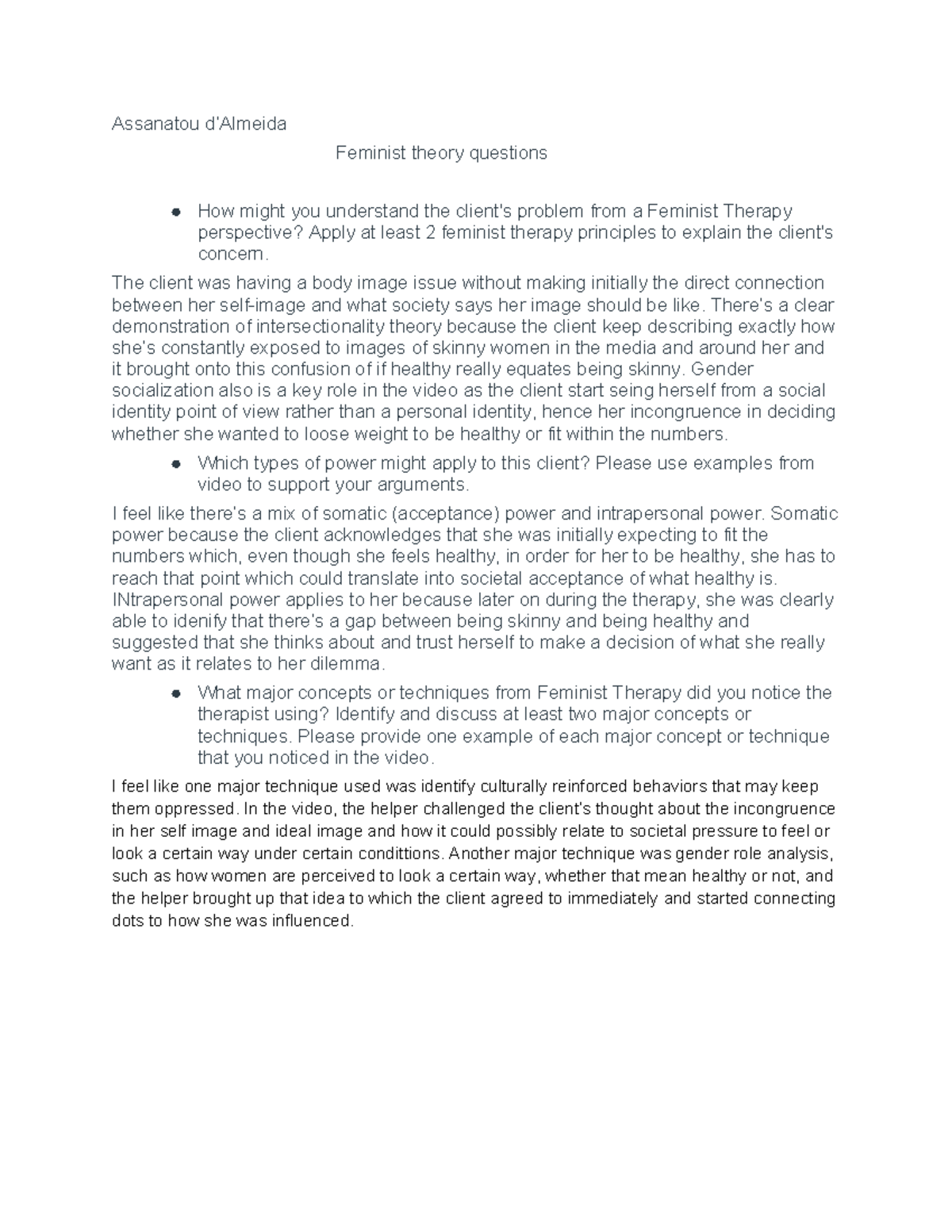 Feminist theory questions - Assanatou d’Almeida Feminist theory ...