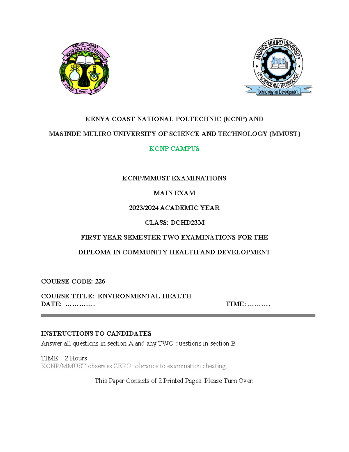 Environmental Health exam DCHD23m (1) NEW - KENYA COAST NATIONAL ...