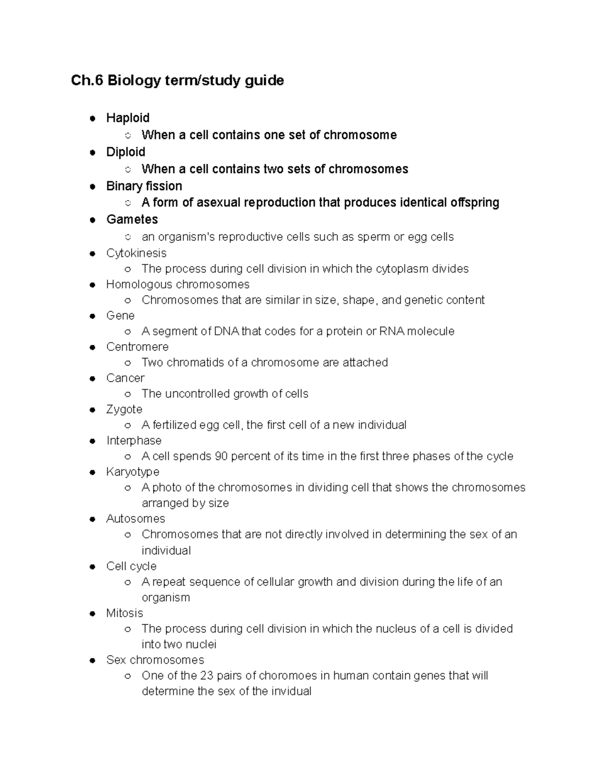 Ch.6 Biology term study guide - Ch Biology term/study guide Haploid ...