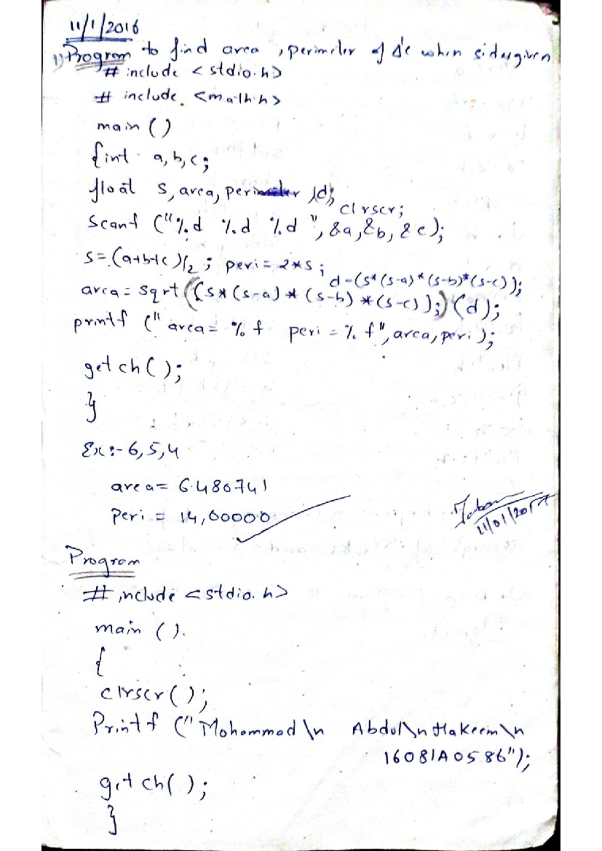 Cp lab book - Chemistry project - 1) Program to find arca , perimeter when sidegiven include ...
