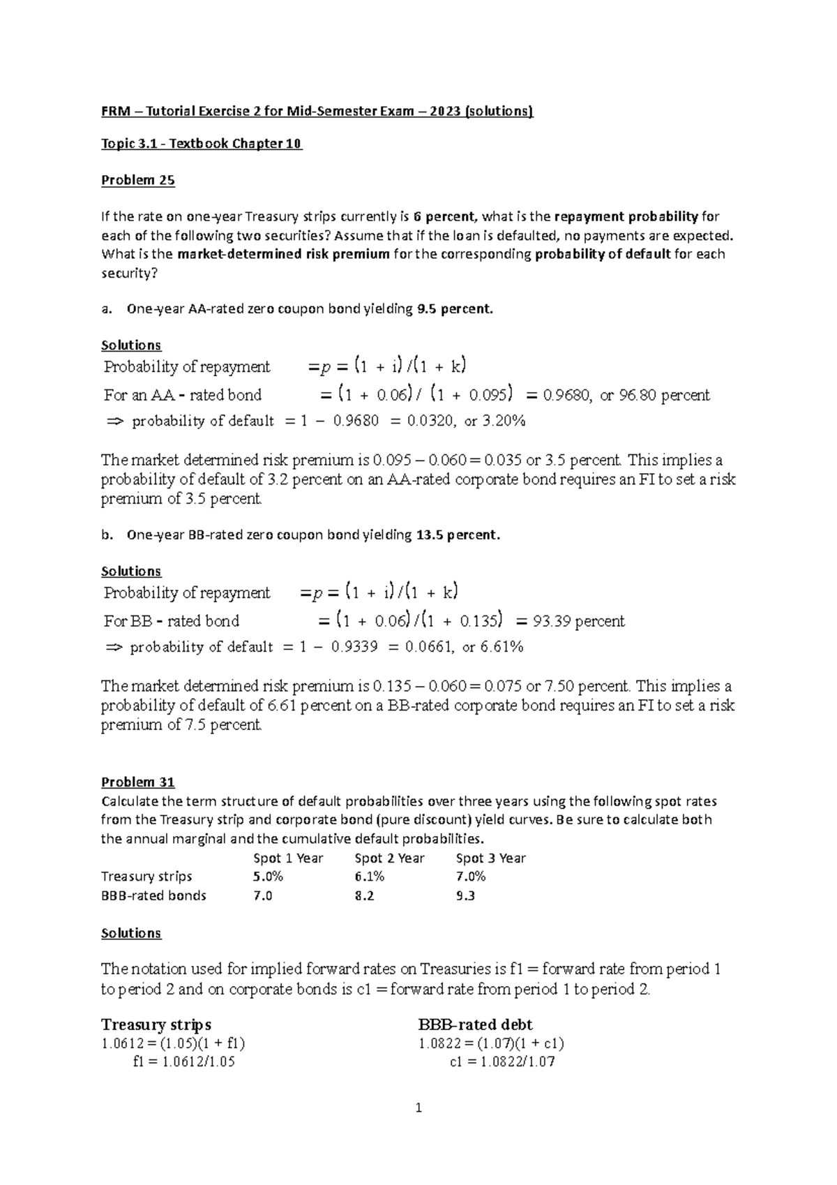 FRM - Tutorial Exercise 2 - 2023 (Solutions) - FRM – Tutorial Exercise ...