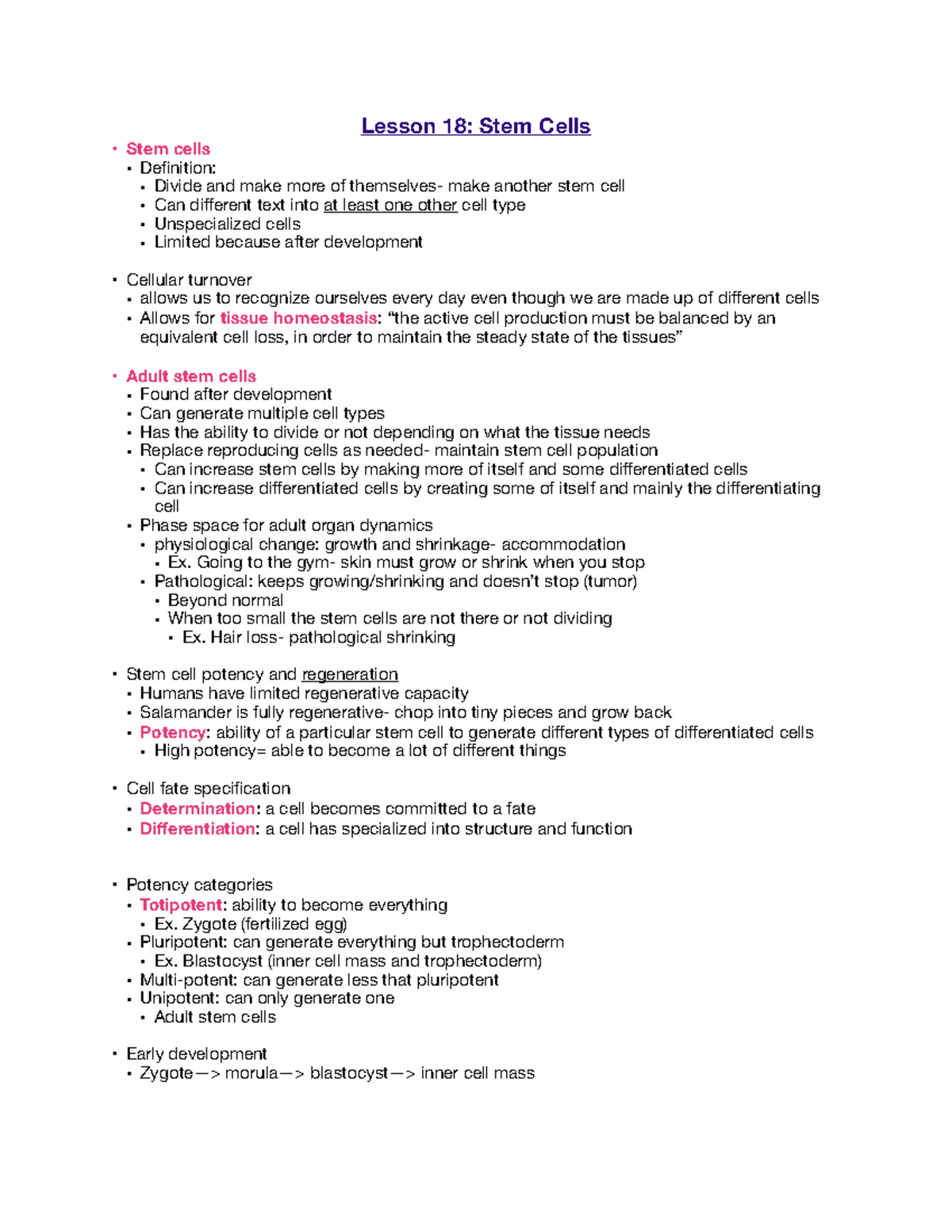 Bio midterm 3 study guide - Lesson 18: Stem Cells Stem cells Definition ...
