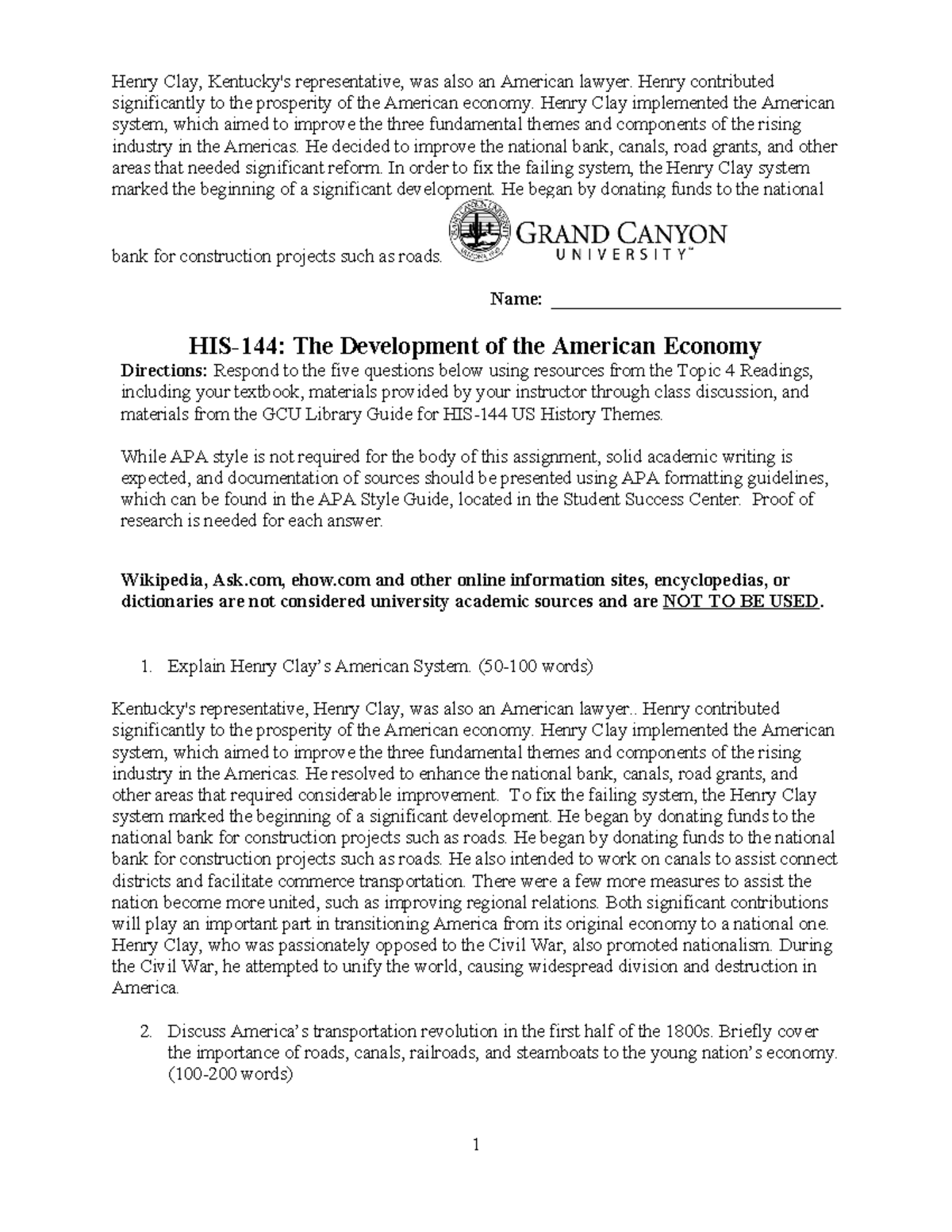 HIS-144-RS-Development of the American Economy Worksheet - Henry Clay ...