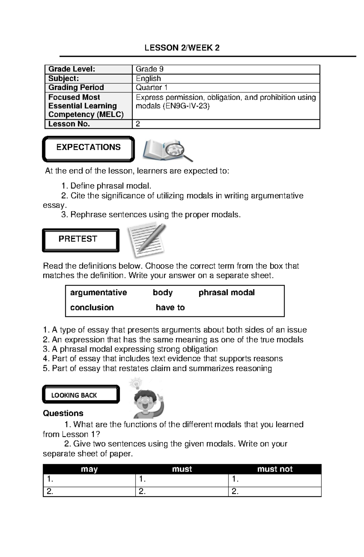 English-9- Module-WEEK-2 - LOOKING BACK LESSON 2/WEEK 2 Grade Level ...